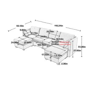 110" U-Shape Modular Sectional Sofa with Reversible Chaise, Linen Convertible Sofa Couch with Ottoman and Storage Function, 6 Seat Oversized Sectional Couch for Living Room Apartment Office, Gray