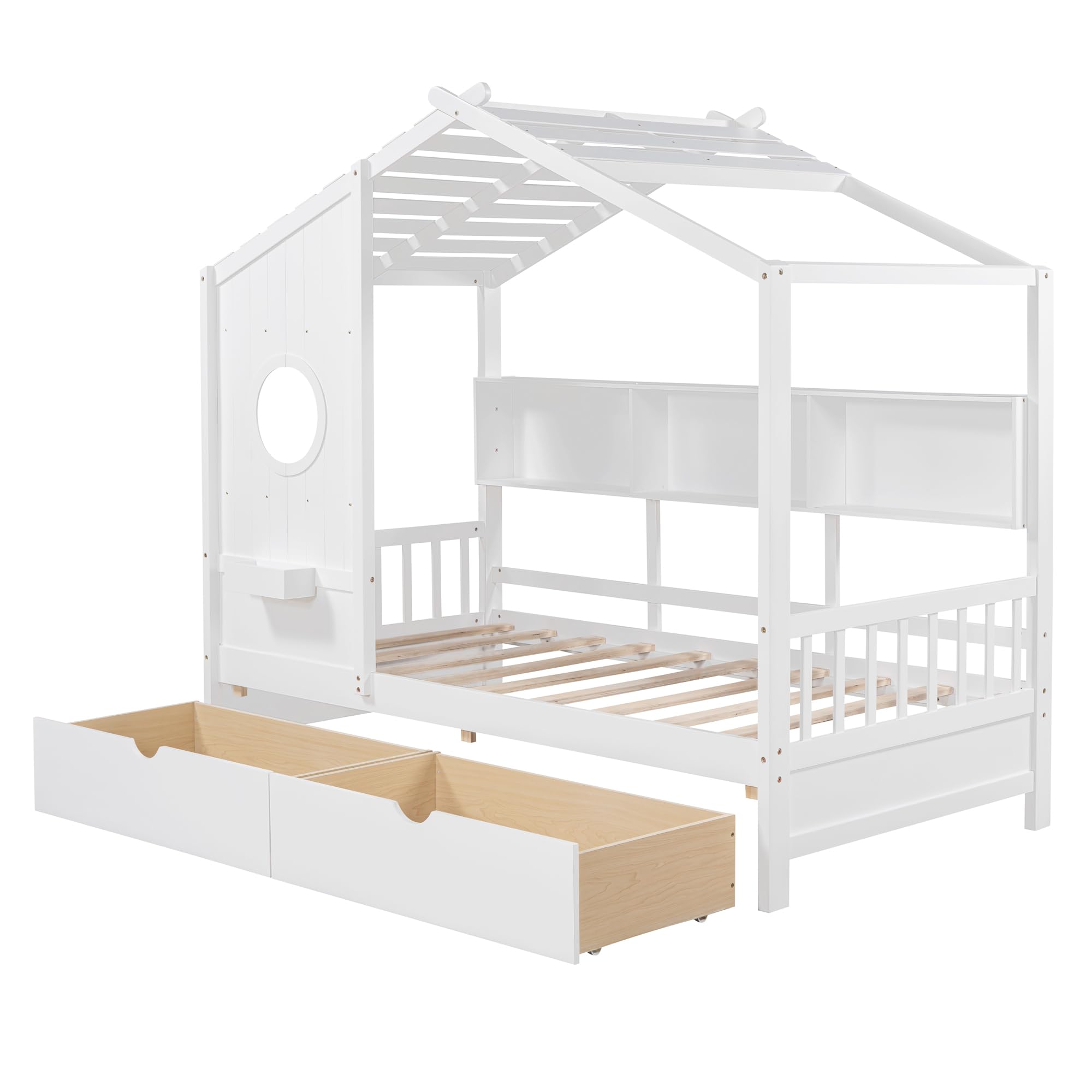 Twin Size House Bed with Storage Drawers and Shelves, Wood Montessori House Bed Frame, Kids Playhouse Tent Bed for Girls Boys, White