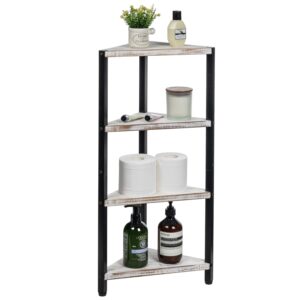 mygift 4 tier shabby white washed solid wood and matte black metal bathroom corner standing shelf, decorative bath storage shelving stand