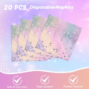 Juhap Iridescent Diamond Birthday Party Supplies Decorations, Disposable Holographic Paper Tableware Includes 20 Plates 20 Napkins and 1 Tablecloth for Girls Kids Birthday Theme Party, Serve 20