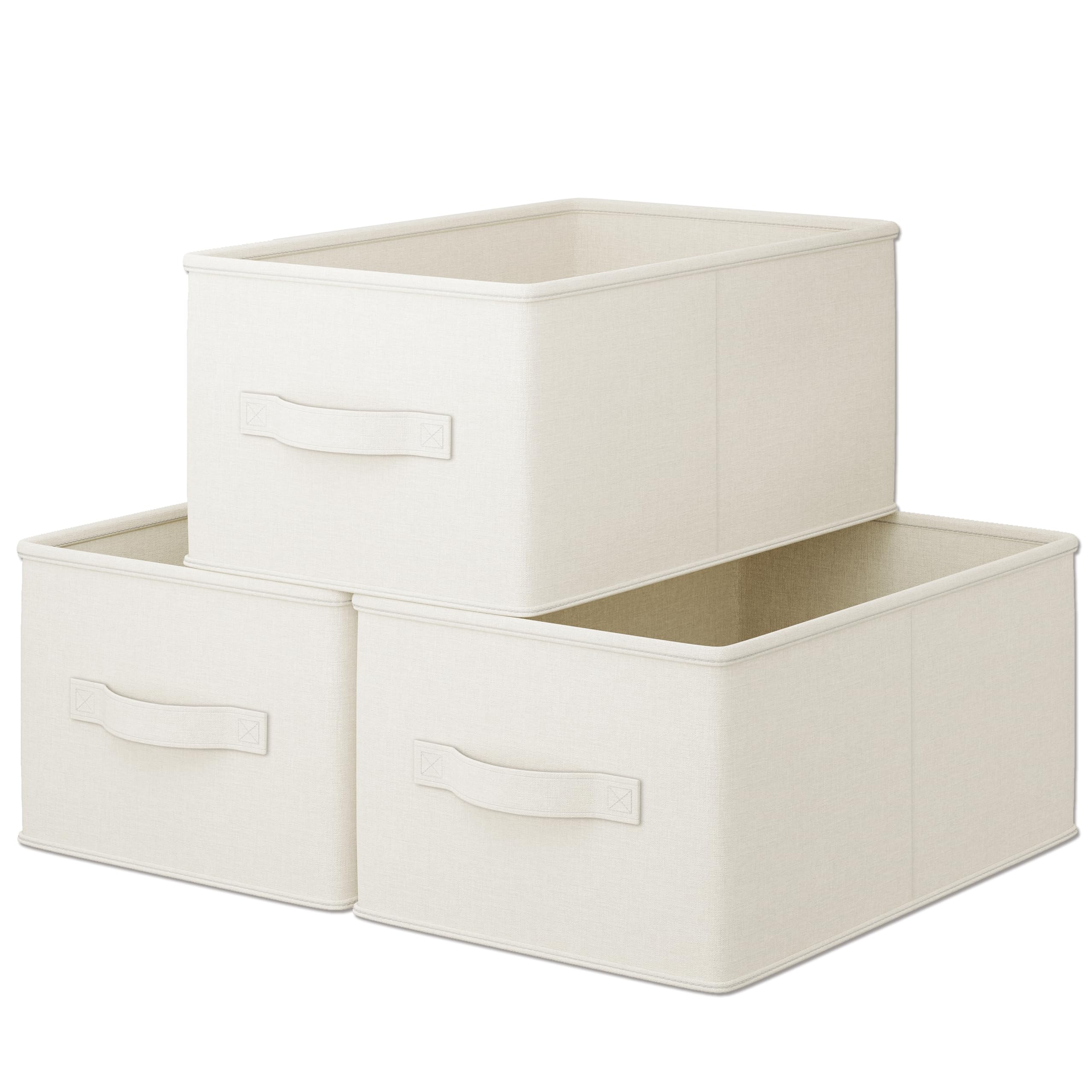 LayerSpace 3 Pack Fabric Storage Bins for Shelves | 14¾" L*10¼" W*8" H Closet Storage Bins | Collapsible Storage Bins for Organization | Linen Clothes Storage Bins | White & Ivory