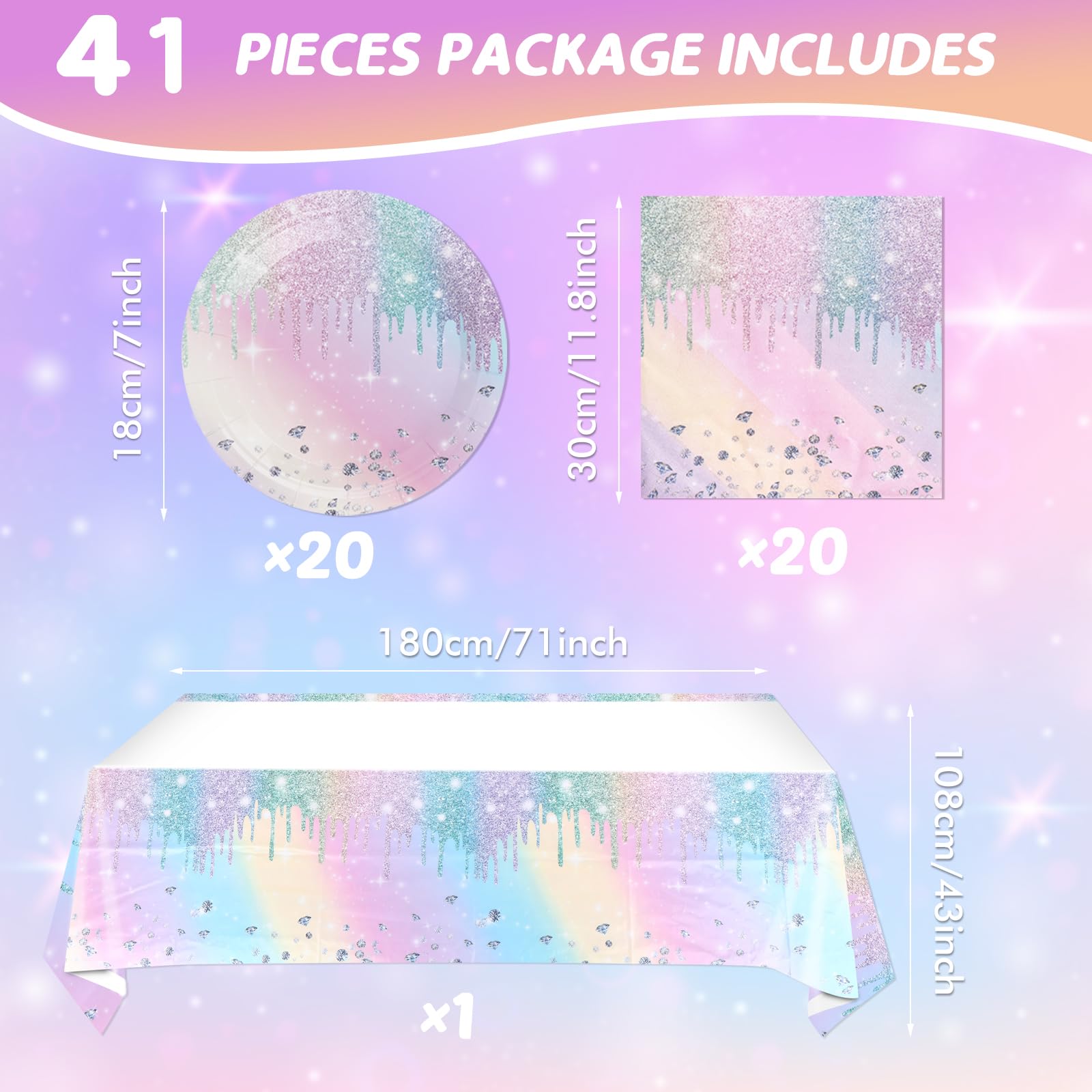 Juhap Iridescent Diamond Birthday Party Supplies Decorations, Disposable Holographic Paper Tableware Includes 20 Plates 20 Napkins and 1 Tablecloth for Girls Kids Birthday Theme Party, Serve 20