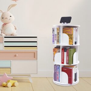 3 Tier White Rotating Bookshelf, 360 Display Small Book Shelf, Corner Bookshelf for Small Space, Floor Standing Bookcase Storage Rack, PVC Narrow Book Shelf Organizer for Office, Bedroom, Living Room