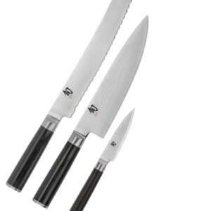 Shun Classic Damascus 3-Piece Knife Set, Includes Chef’s Knife 8-In, Bread Knife 9-In and Paring Knife 3.5-in Set, Made in Seki, Japan