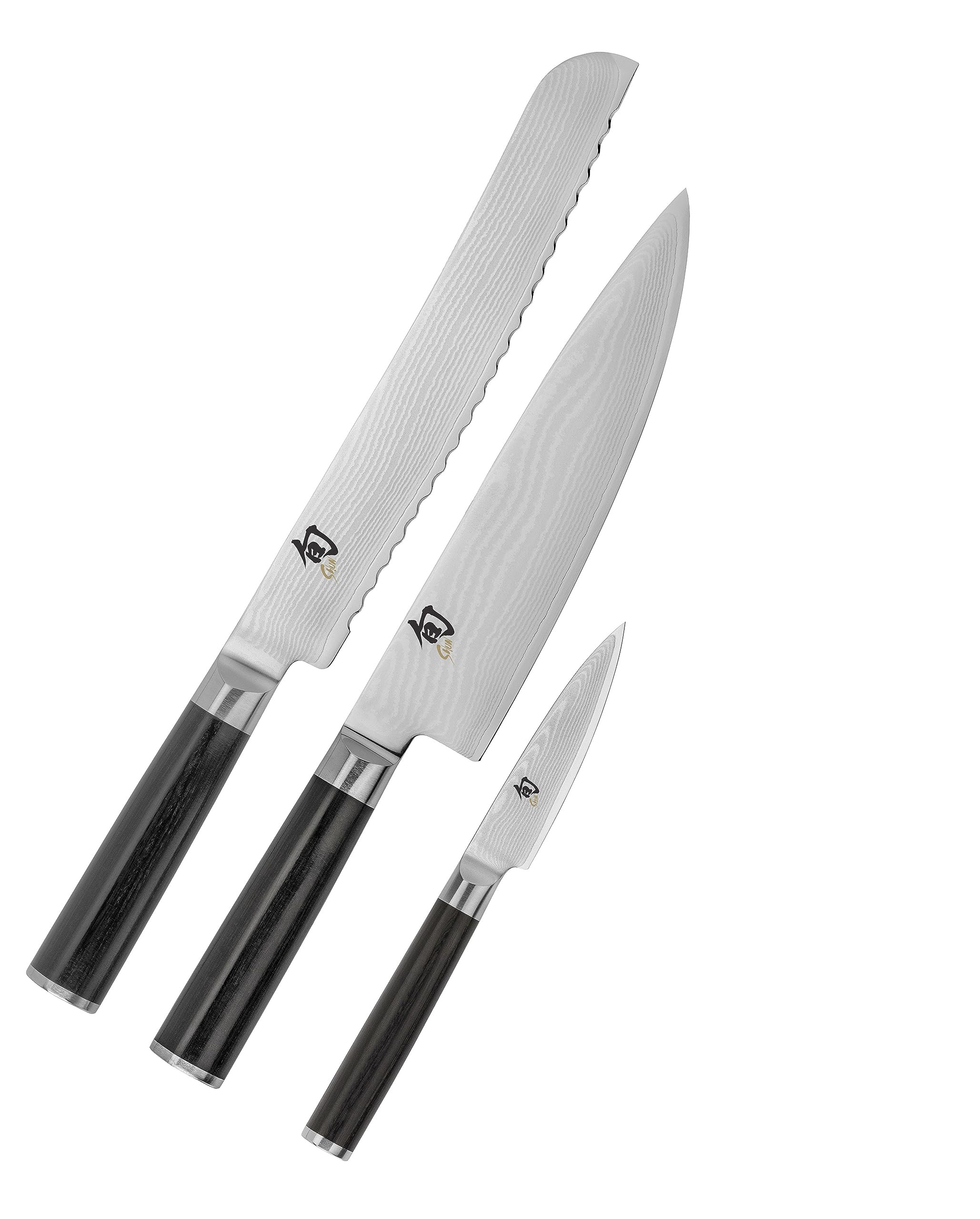 Shun Classic Damascus 3-Piece Knife Set, Includes Chef’s Knife 8-In, Bread Knife 9-In and Paring Knife 3.5-in Set, Made in Seki, Japan