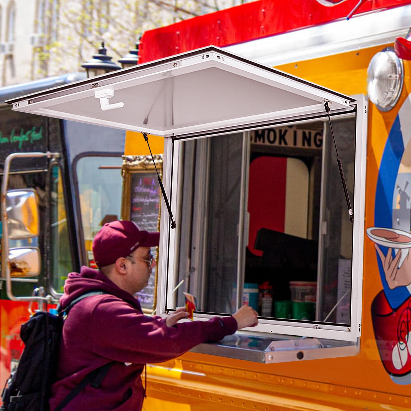 VEVOR Concession Window 36 x 24 Inch, Concession Stand Serving Window Door with Double-Point Fork Lock, Concession Awning Door Up to 85 Degrees for Food Trucks, Glass Not Included