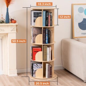 BUYWAY Rotating Bookshelf, 4 Tier Rotating Bookshelf Kids, 360 Display Floor Standing Bookcase Storage Rack for Kids&Adults Solid Wood Bookshelf Organizer, Classic Natural