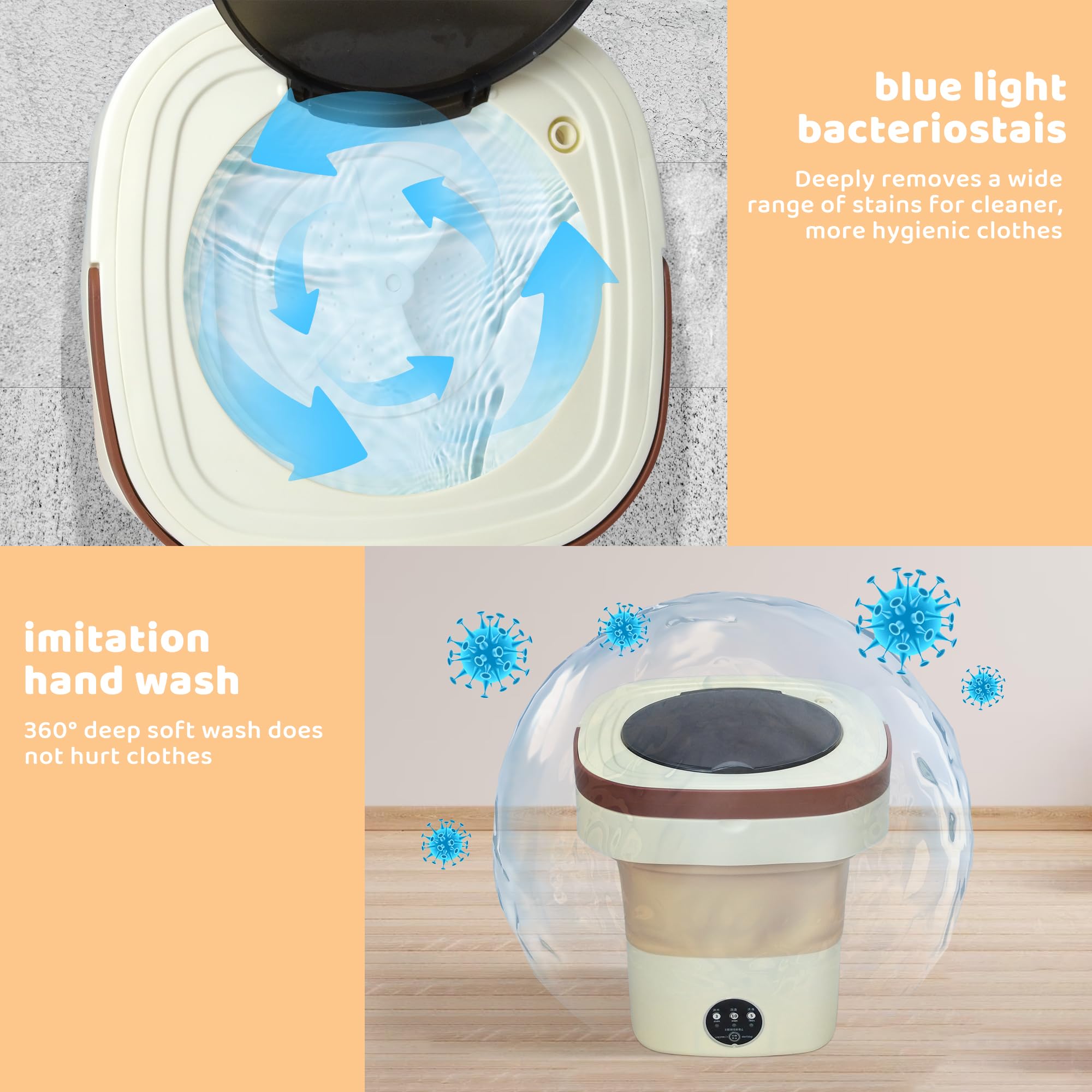 Twira 9L Portable Washing Machine, Foldable Small Washer, Mini Washing Machine with 3 Modes with Blue Light Sterilization, Compact Laundry Machine for Apartment, RV, Dormitory, Travel (Khaki Yellow)