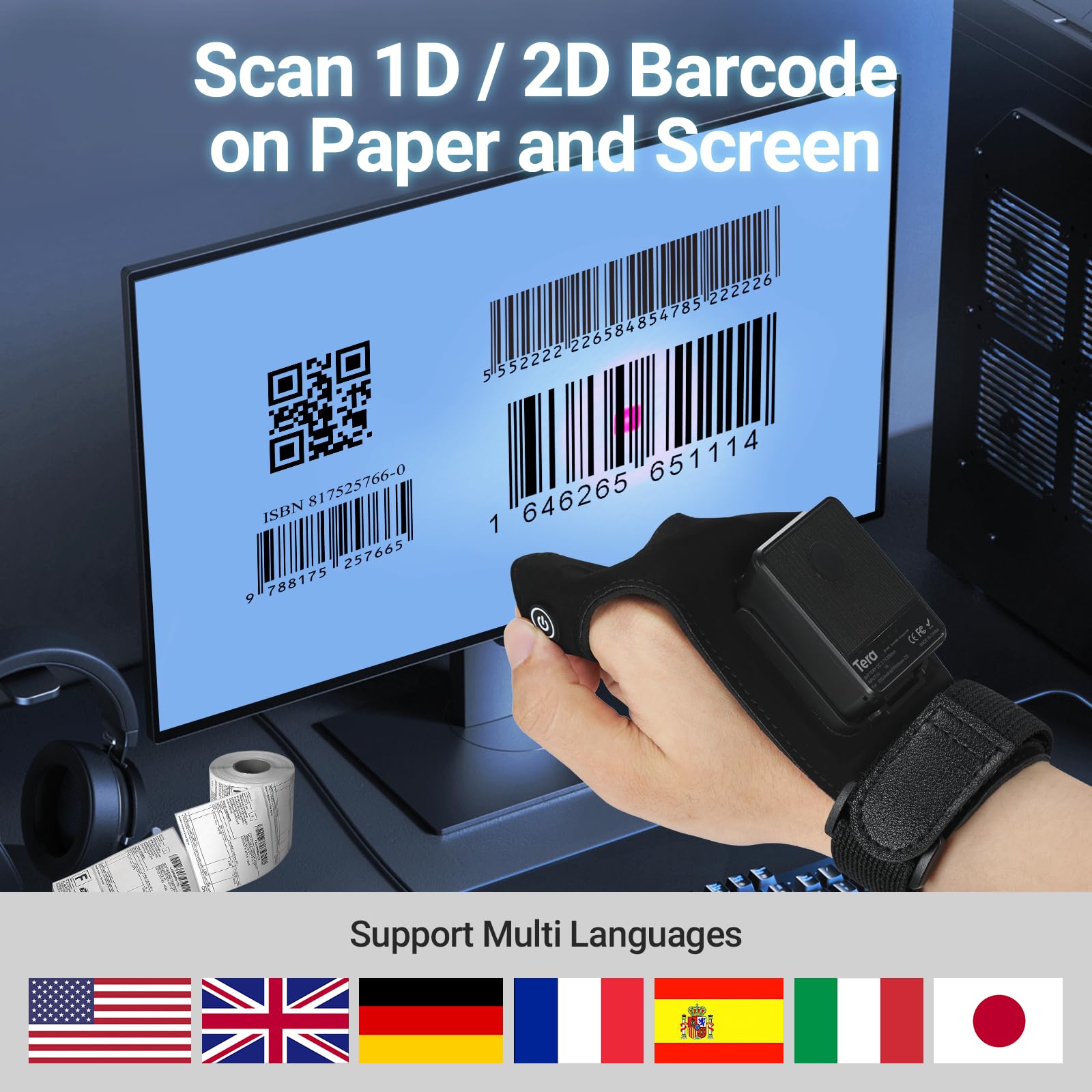 Tera Wearable Glove Barcode Scanner: 2 in 1 Dual Use Detachable Design, Finger Wireless 1D 2D QR Bar Code Reader, 3 in 1 Works with Bluetooth 2.4G Wireless USB Wired, Handheld Bar Code Reader HW0013