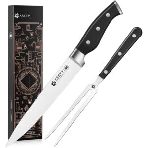 asety carving knife set, high carbon stainless steel carving knife and fork set, 2 pcs carving set for turkey, meat, bbq, brisket, nsf food safe, full tang slicing knife with gift box