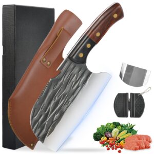 numola serbian chef knife with finger guard knife sharpener, kitchen meat cleaver knife handmade forged high carbon steel with sheath, full tang handle butcher knife for home camping bbq present