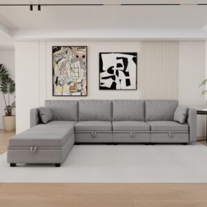 110" U-Shape Modular Sectional Sofa with Reversible Chaise, Linen Convertible Sofa Couch with Ottoman and Storage Function, 6 Seat Oversized Sectional Couch for Living Room Apartment Office, Gray