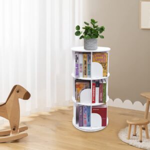 3 Tier White Rotating Bookshelf, 360 Display Small Book Shelf, Corner Bookshelf for Small Space, Floor Standing Bookcase Storage Rack, PVC Narrow Book Shelf Organizer for Office, Bedroom, Living Room