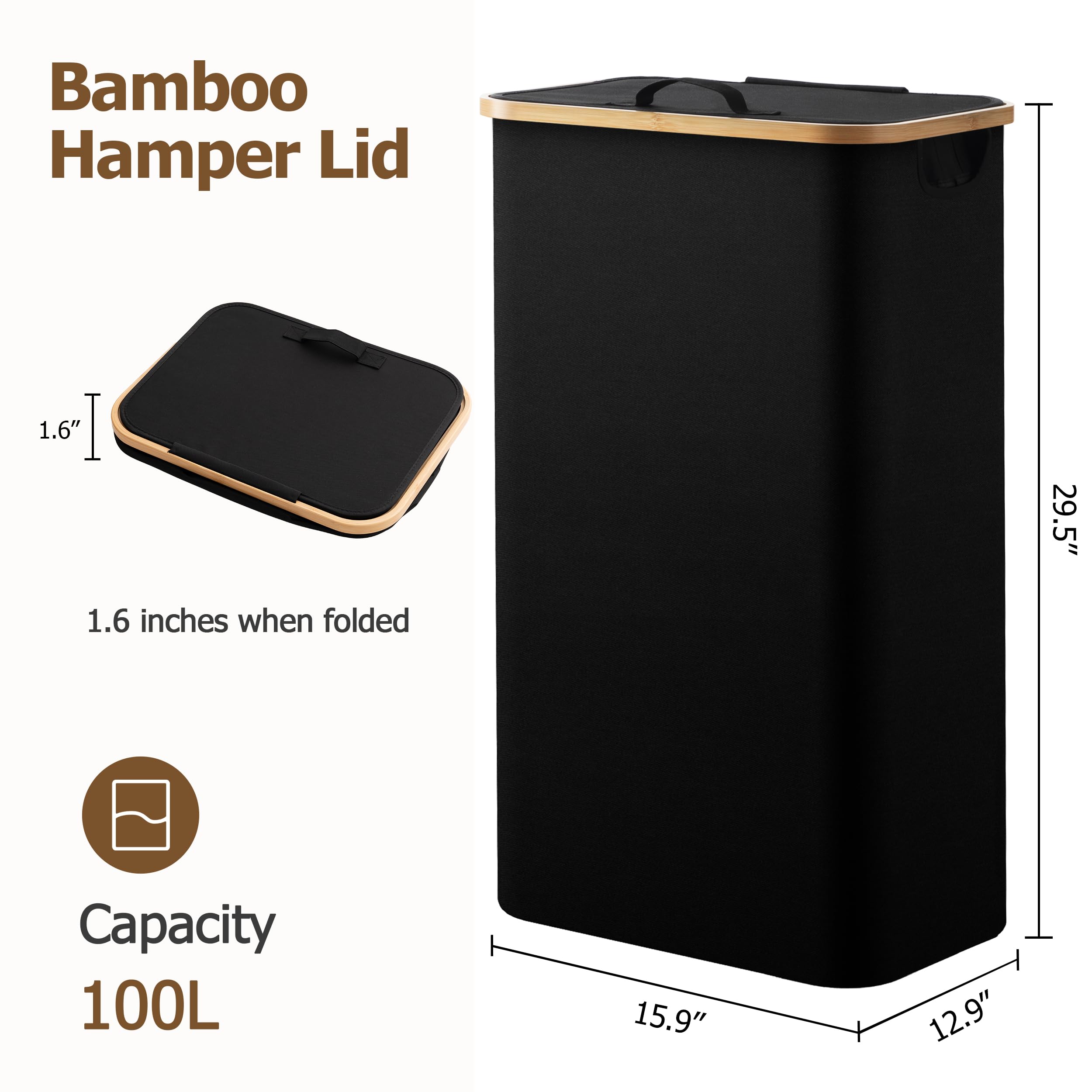 HBlife 100L Large Laundry Hamper with Lid and Removable Inner Bag, Collapsible Dirty Clothes Basket Organizer for Bathroom, Bedroom and Laundry Room, Black