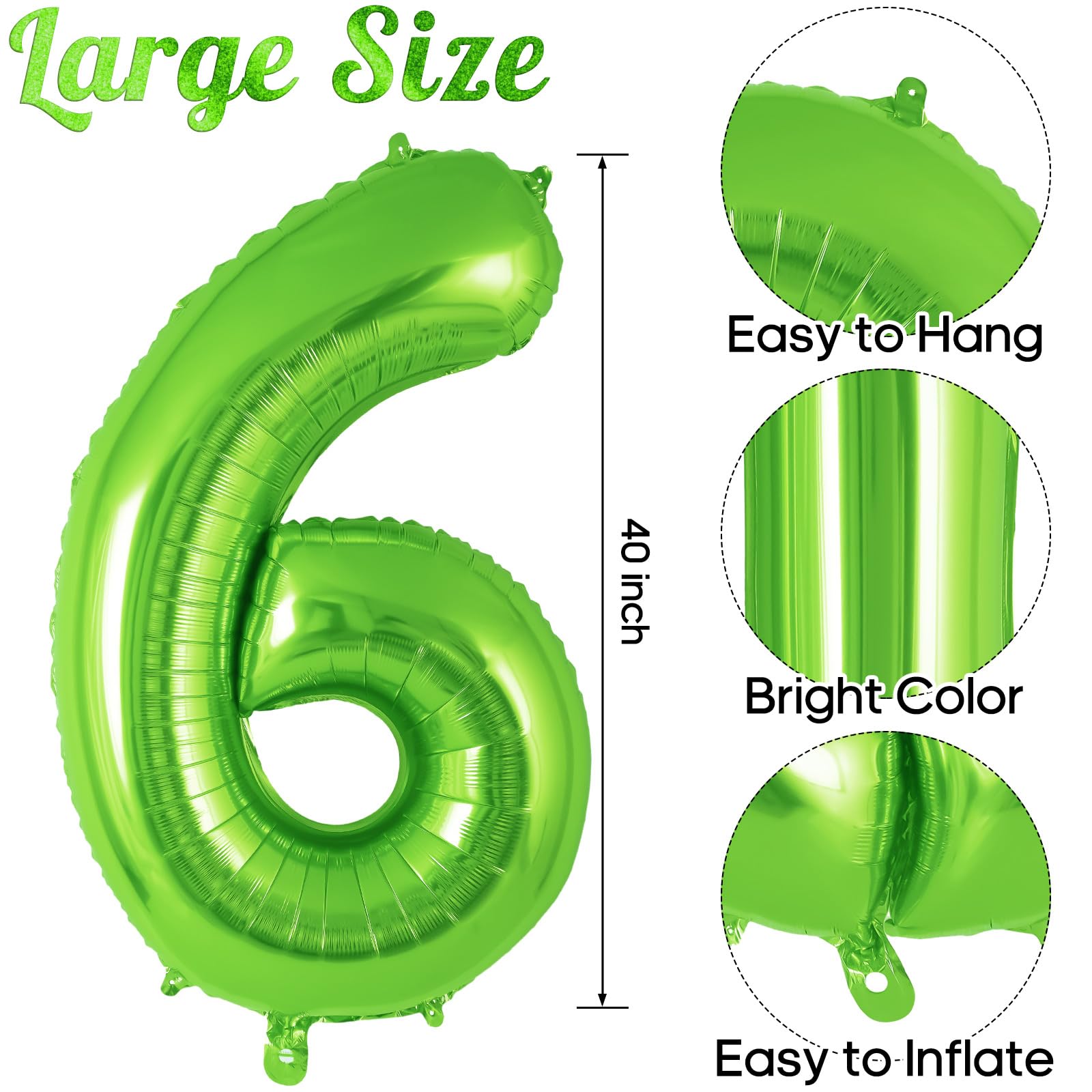 Green Number 6 Balloon 40 Inch, Big Large Foil Helium Number Balloons, Jumbo Giant Mylar Number 6 Balloons for 6 Year Old Birthday Party Decorations Supplies Anniversary Celebration