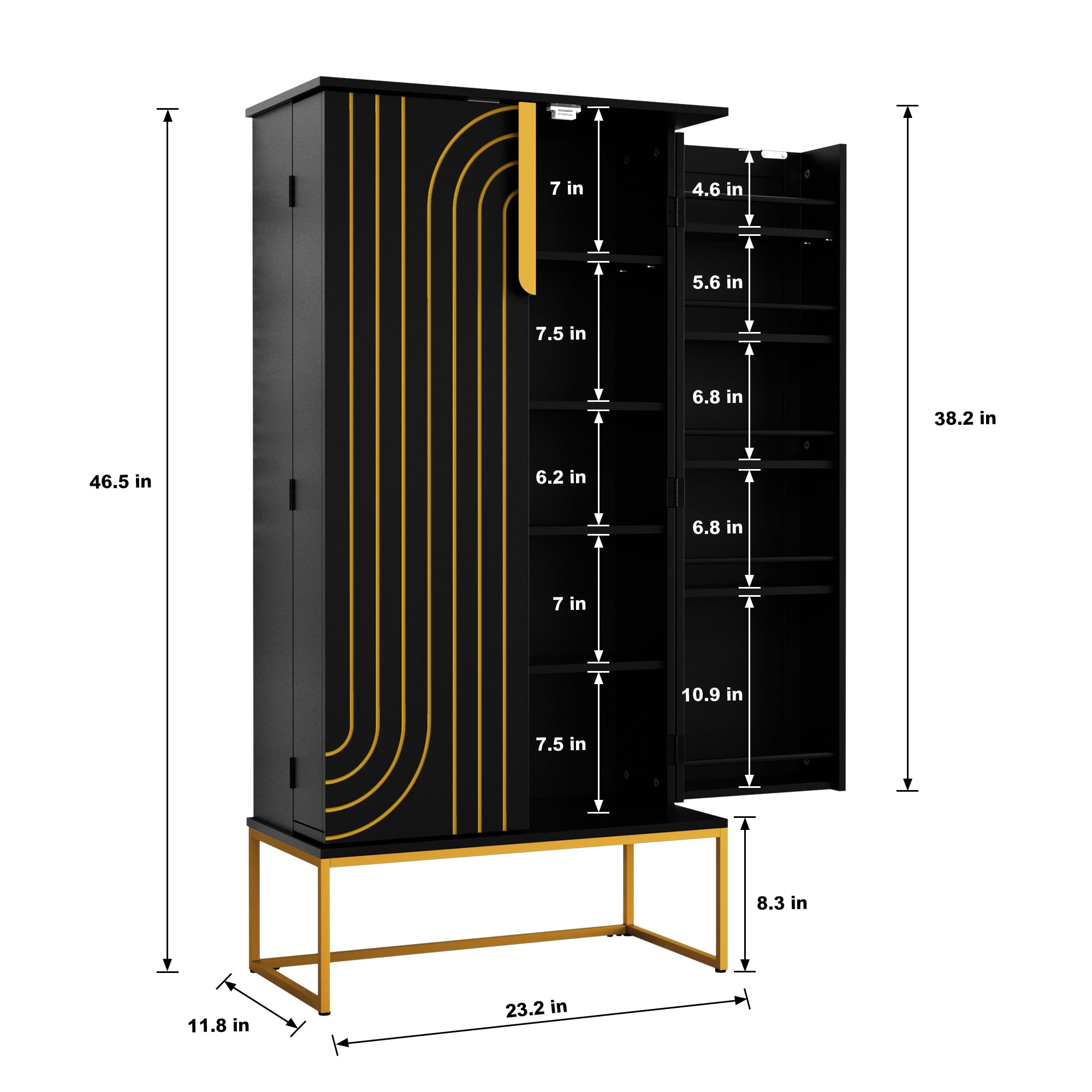 HOLTICO 46.5'' Accent Wood Kitchen Pantry with Doors, Storage Cabinet with Adjustable Shelves, Food Pantry Cabinet for Kitchen, Dining Room, Living Room and Garage, Metal Legs,Black