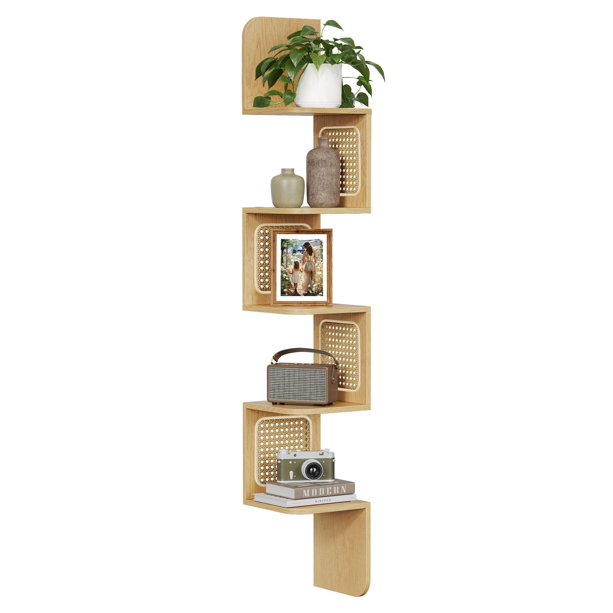 VASAGLE 5-Tier Corner Shelf, Wall Mounted Floating Shelf, Zigzag Corner Shelf Unit, PVC Rattan Sides, Space-Saving, for Kitchen, Living Room, Bedroom, Boho Style, Oak Beige ULLS582Y57