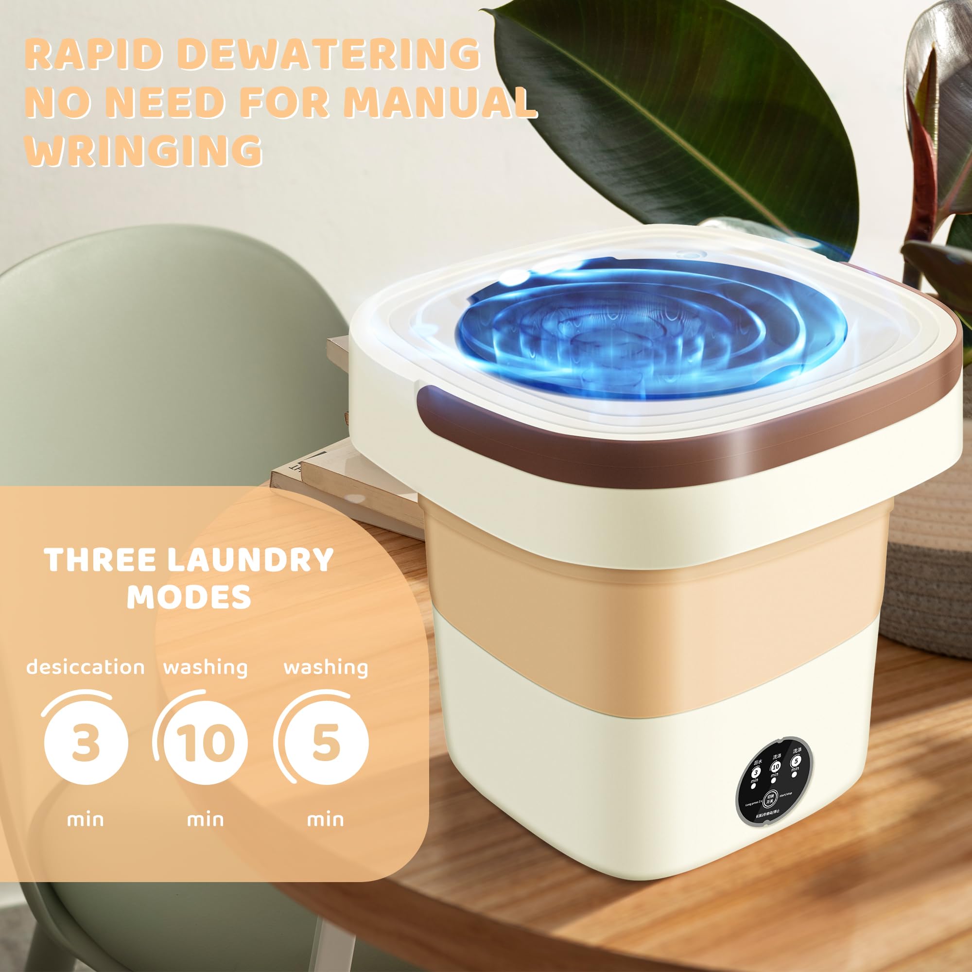 Twira 9L Portable Washing Machine, Foldable Small Washer, Mini Washing Machine with 3 Modes with Blue Light Sterilization, Compact Laundry Machine for Apartment, RV, Dormitory, Travel (Khaki Yellow)