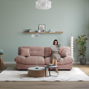 JACH 89" Oversized Deep Sectional Couch, Minimalist Love Seat Couches, Sectional Sofas with Thick Cushion, Comfy Corduroy Sofa with Two Pillows for Living Room, Apartment, Office, Pink