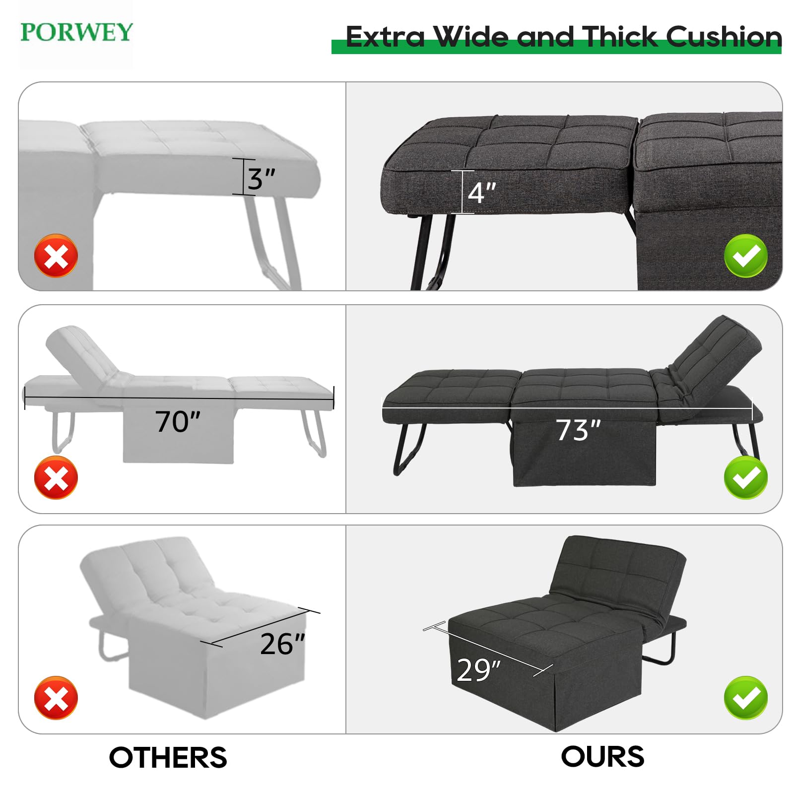 PORWEY Sleeper Chair Bed, 4-in-1 Convertible Futon Ottoman Bed Sleeper, Foldable Sofa Couch with Adjustable Backrest for Guest Room/Office Living Room, No Assembly Required, 29” Width,Gray