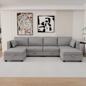 110" u-shape modular sectional sofa with reversible chaise, linen convertible sofa couch with ottoman and storage function, 6 seat oversized sectional couch for living room apartment office, gray