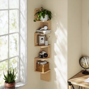 VASAGLE 5-Tier Corner Shelf, Wall Mounted Floating Shelf, Zigzag Corner Shelf Unit, PVC Rattan Sides, Space-Saving, for Kitchen, Living Room, Bedroom, Boho Style, Oak Beige ULLS582Y57