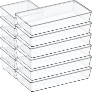 12 pack large clear plastic drawer organizer set, acrylic bathroom organizer vanity trays dividers, kitchen organizers and storage, non-slip storage bins for makeup, snacks, office, desk, fridge