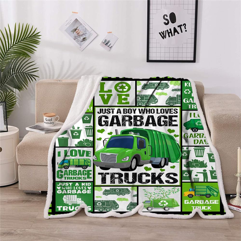 Just A Boy Who Loves Garbage Trucks Blanket, I Love Garbage Trucks Gifts Blanket for Boys Kids, Soft Cozy Warm Lightweight Throw Blanket for Living Room Couch Bed Sofa 60”x50”