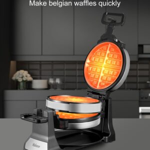 Belgian Waffle Maker, Classic Rotating Waffle Iron with Nonstick Plates, Removable Drip Tray and Cool Touch Handles, Double Flip Waffle, Rotating Belgium Waflera Maker by Yabano, Brushed Stainless