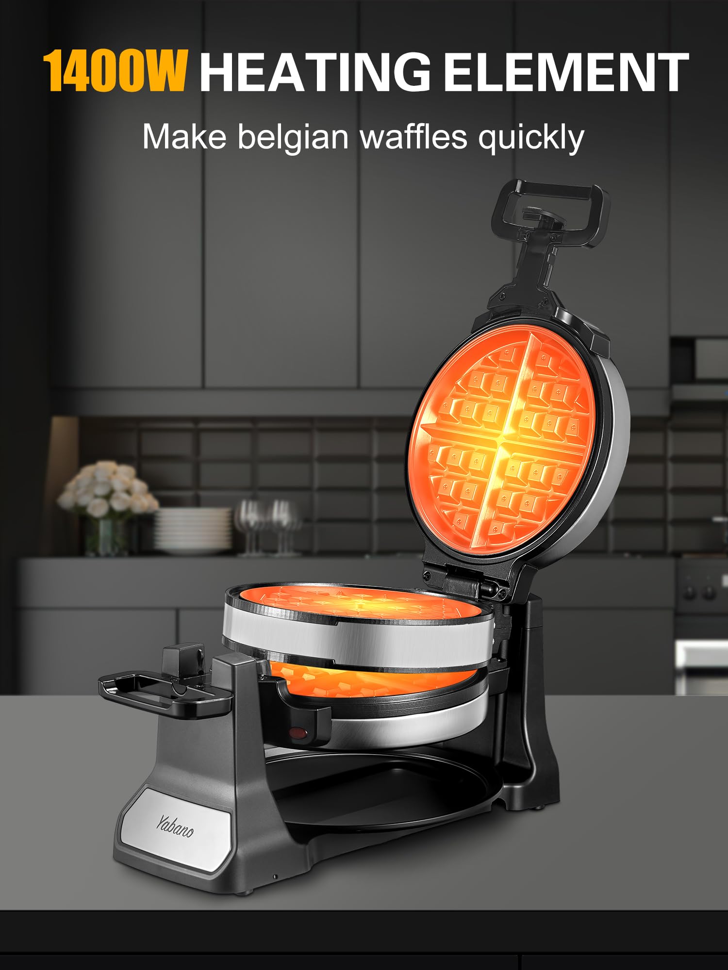 Belgian Waffle Maker, Classic Rotating Waffle Iron with Nonstick Plates, Removable Drip Tray and Cool Touch Handles, Double Flip Waffle, Rotating Belgium Waflera Maker by Yabano, Brushed Stainless