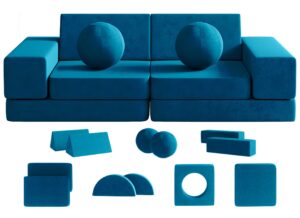 kids couch, 12pcs fold out toddler couch with 2 balls and tunnel, modular kids couch for playroom, kids play couch for kickball game, pitching game, over 30 creative gameplay couch for kids (blue)