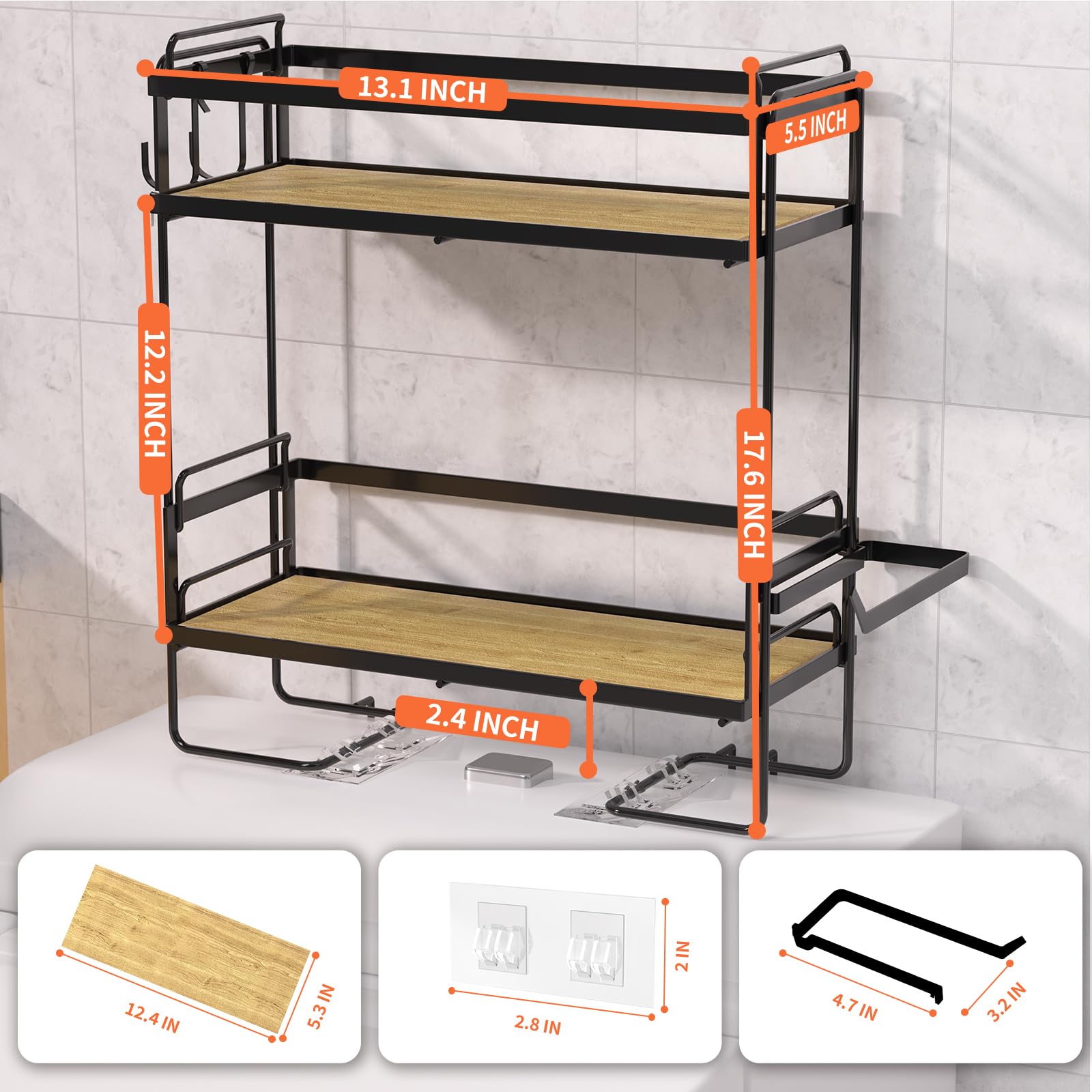 NUTSAAKK Over Toilet Storage Shelf, 2-Tier Bathroom Organizers and Storage with Wooden Bottom Plate, Above Toilet Storage with Non-Trace Adhesive (Black)