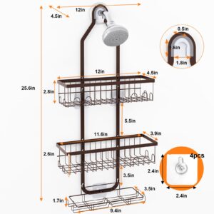 Fixwal Shower Caddy Over Shower Head, No Drilling Bathroom Hanging Shelf Storage Organizer Rack Basket with Hooks, 2 Soap Holders and Adhesives, Rustproof Waterproof Anti-Swing, Bronze