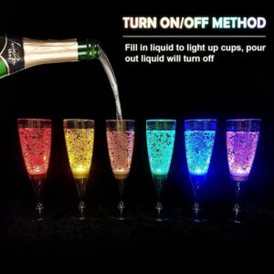 LED Light Up Cups Wine Champagne Flutes Set of 6 Party Favors Adults, Colored Plastic Champagne Flutes Drinking Glasses Glow in the Dark Colorful Glowing Cups for Birthday Christmas Halloween Weddings