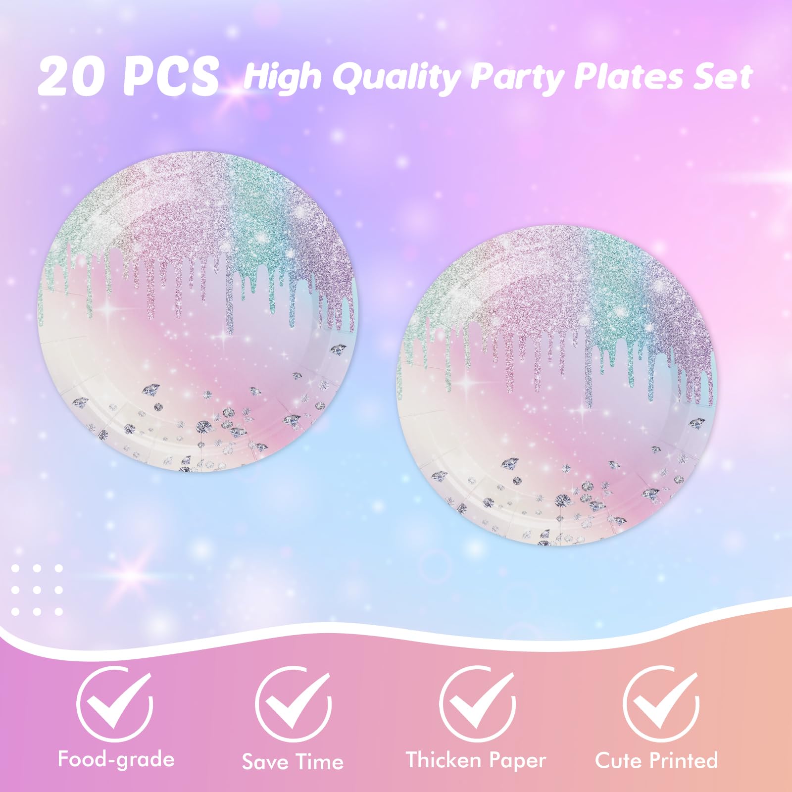 Juhap Iridescent Diamond Birthday Party Supplies Decorations, Disposable Holographic Paper Tableware Includes 20 Plates 20 Napkins and 1 Tablecloth for Girls Kids Birthday Theme Party, Serve 20