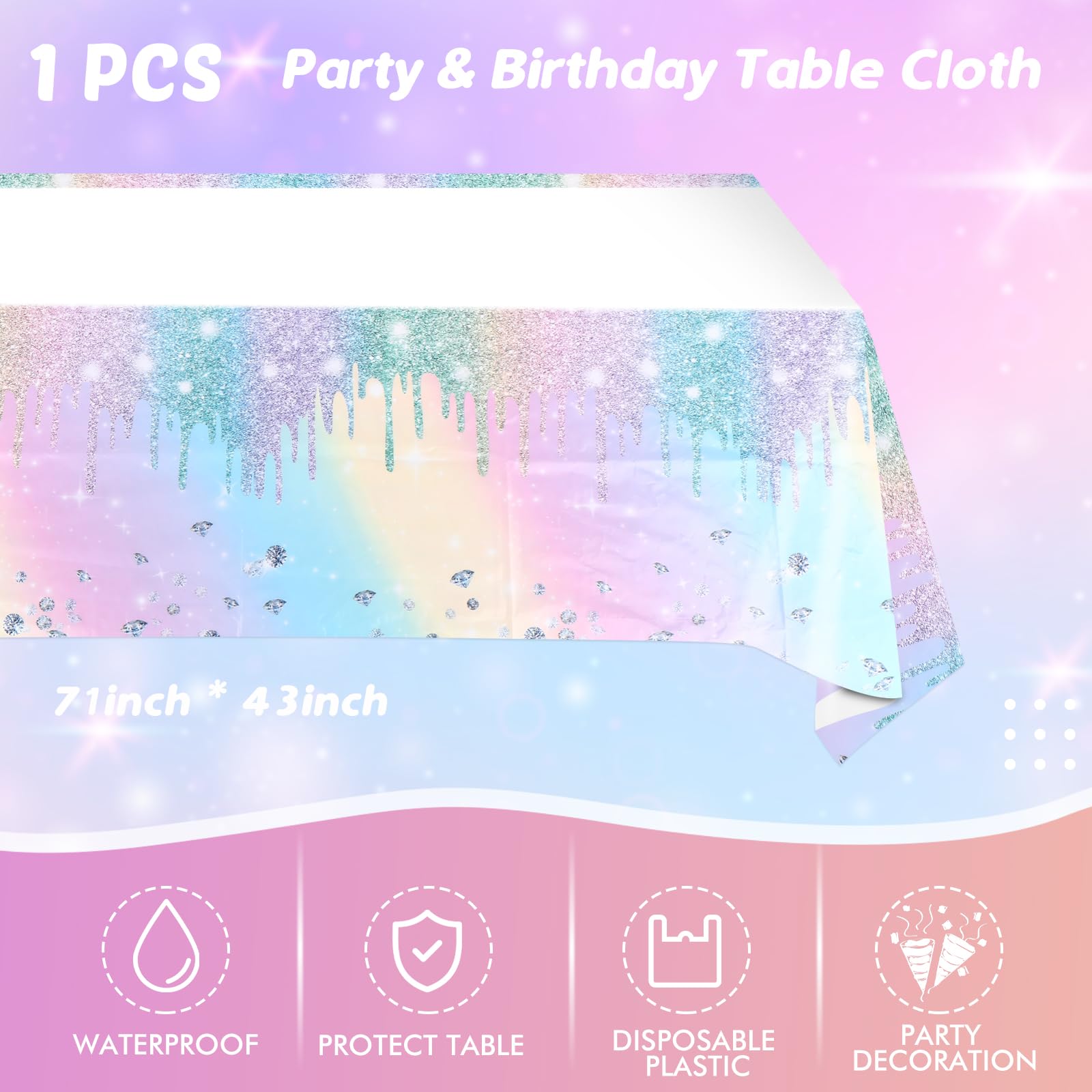 Juhap Iridescent Diamond Birthday Party Supplies Decorations, Disposable Holographic Paper Tableware Includes 20 Plates 20 Napkins and 1 Tablecloth for Girls Kids Birthday Theme Party, Serve 20