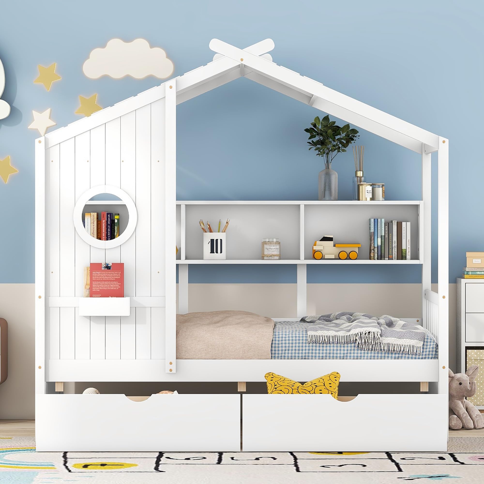 Twin Size House Bed with Storage Drawers and Shelves, Wood Montessori House Bed Frame, Kids Playhouse Tent Bed for Girls Boys, White