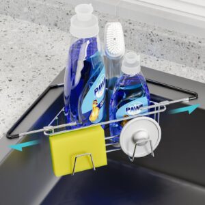 nihome extendable arm stainless steel kitchen sink corner caddy, easy install space-saving adjustable sponge holder for all sink types, non-slip rust-resistant for brushes, soap, sponges