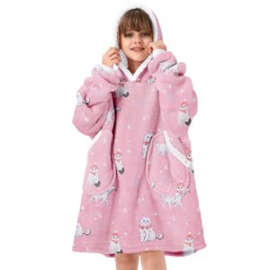 zando pink blanket hoodie cat blanket kids oversized wearable blanket hoodies cozy warm hooded blanket for boys girls sherpa blanket hoodie with pocket thick fleece sweater blanket gift for teens