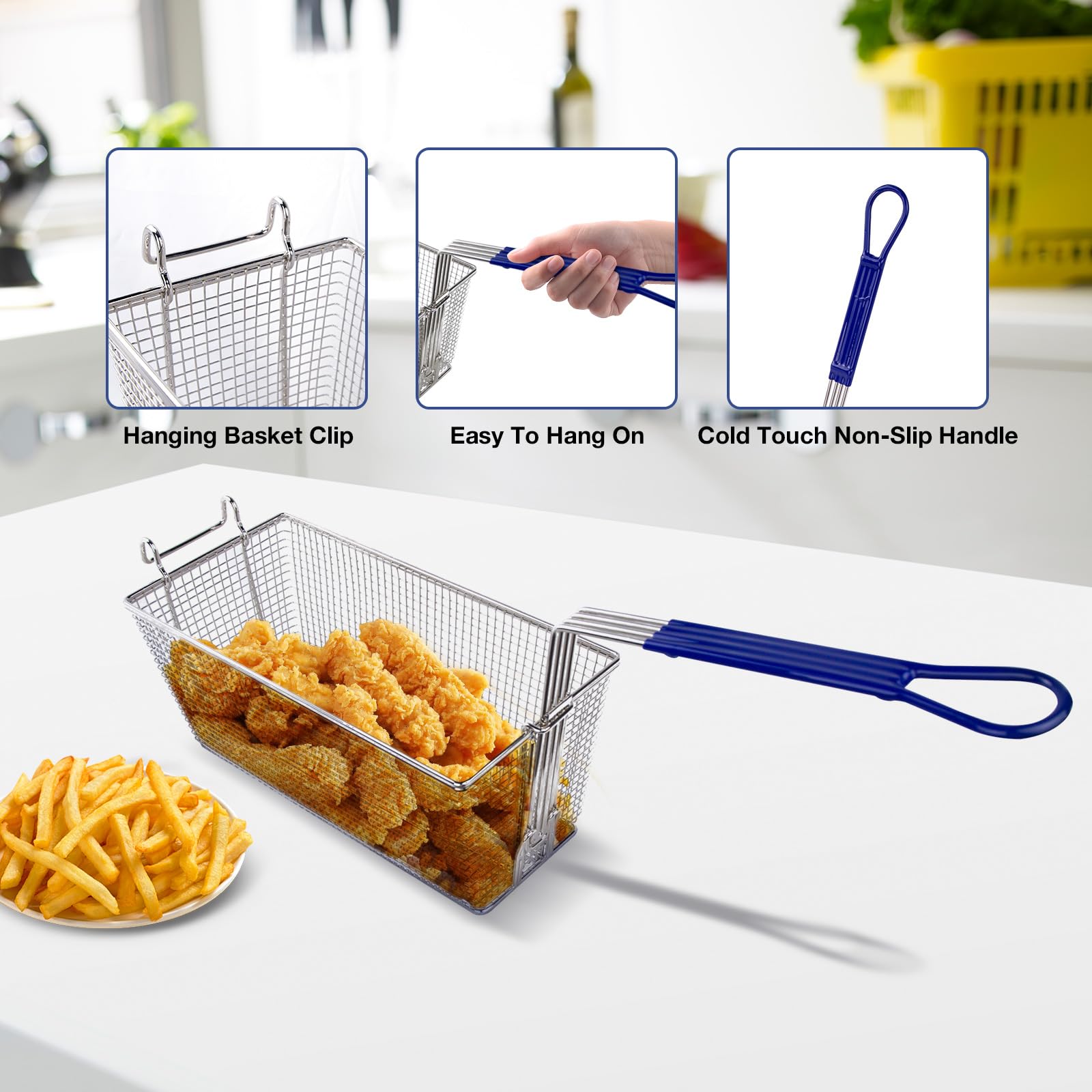 EASYROSE 4Pcs Deep Fry Basket Commercial Deep Fryer Basket with Non-slip Handle, 13 1/4" x 6 1/2" x 6" Stainless Steel French Fries Basket for Restaurant Kitchen