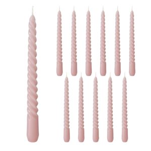 12 piece pale rose pink twist taper candles, 2 boxed sets of 6, 4 hours burn time, paraffin wax, 7.75 inches