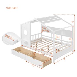 Full Size House Bed with Storage Drawers and Shelves, Wood Montessori House Bed Frame, Kids Playhouse Tent Bed for Girls Boys, White