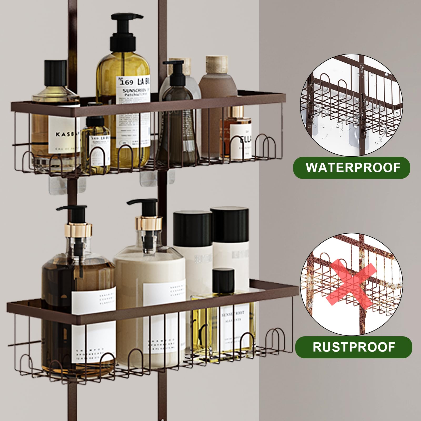 Fixwal Shower Caddy Over Shower Head, No Drilling Bathroom Hanging Shelf Storage Organizer Rack Basket with Hooks, 2 Soap Holders and Adhesives, Rustproof Waterproof Anti-Swing, Bronze