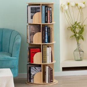 BUYWAY Rotating Bookshelf, 4 Tier Rotating Bookshelf Kids, 360 Display Floor Standing Bookcase Storage Rack for Kids&Adults Solid Wood Bookshelf Organizer, Classic Natural