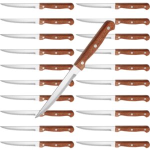 lasnten 20 pcs steak knives bulk 9 inch stainless steel kitchen knives with triple riveted handle utility sharp serrated steak knife set for kitchen restaurant tableware camping (wood brown)