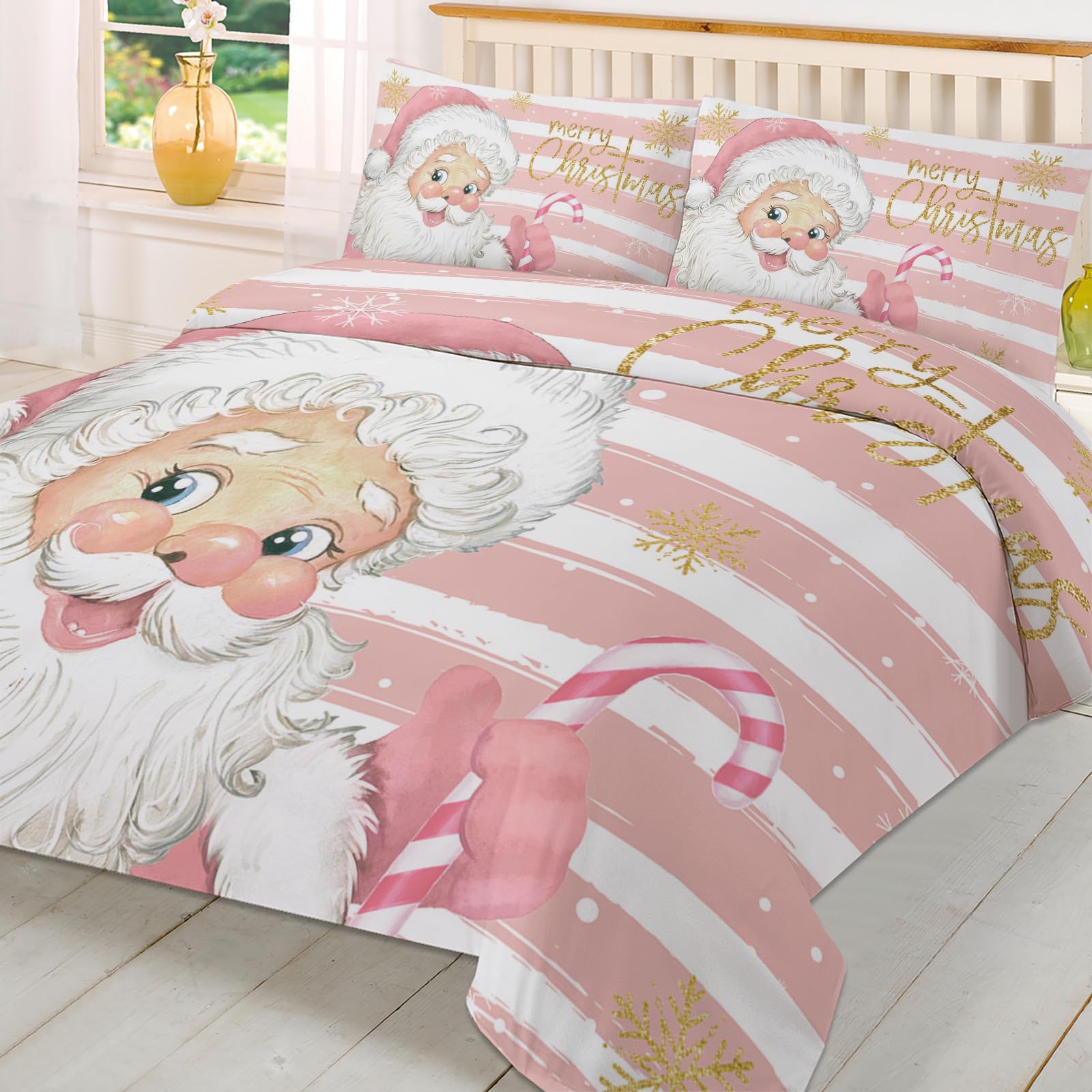 Boanket Pink Santa 3 Pieces Christmas Bedding Set Cal. King Size, Xmas Snowflake Soft Duvet Cover Set Comforter Cover Set with Zipper Closure All-Season Breathable Bedding Set Pink White Striped