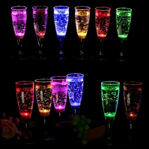 LED Light Up Cups Wine Champagne Flutes Set of 6 Party Favors Adults, Colored Plastic Champagne Flutes Drinking Glasses Glow in the Dark Colorful Glowing Cups for Birthday Christmas Halloween Weddings