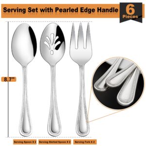 Serving Set, HaWare 6 Pieces Stainless Steel Silverware Serving Utensils, Pearled Edge Hostess Serving Set for Buffet Party Kitchen Restaurant, Mirror Finished & Dishwasher Safe