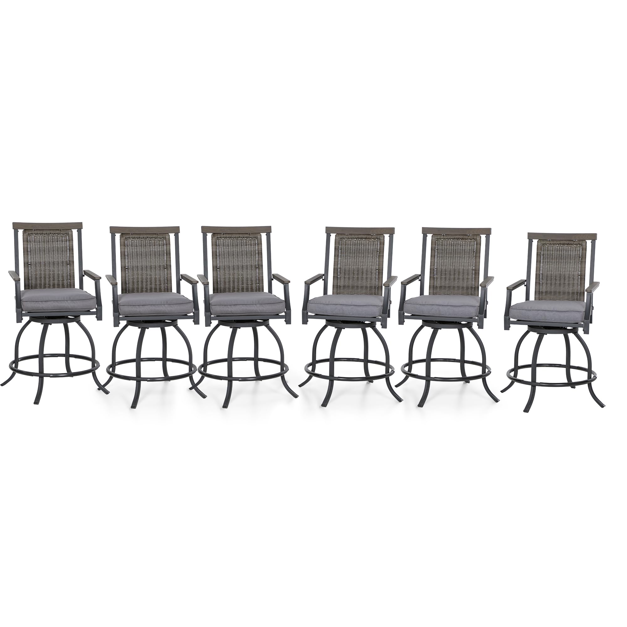 PHI VILLA Outdoor Swivel Counter Height Stool Set of 6, High Patio Bar Chairs(24" Seat Height) with Cushion,Rattan Backrest and 360 Degree Swivel,Patio High Dining Set for Lawn,Swimming Pool,Home