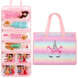 octsky toy dolls storage bag tote carrying case compatible with lol surprise toys dolls omg, hanging organizer storage bag with 8 clear window pockets, bag only (01-bow unicorn)